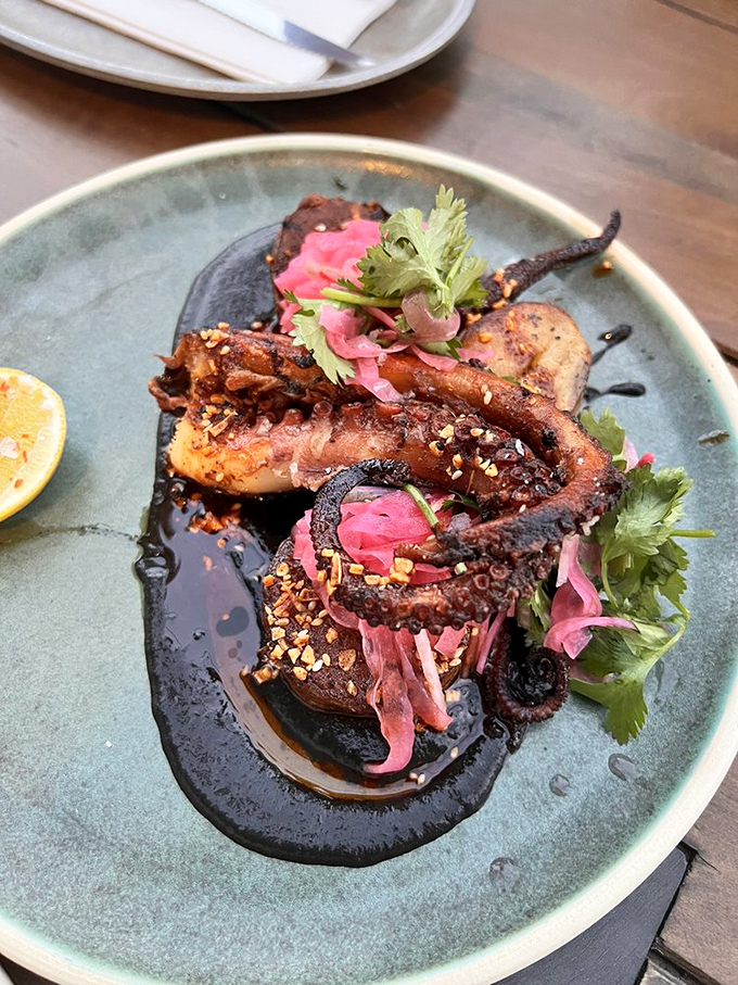 Octopus that could give Ursula a run for her money. Tender tentacles swimming in a sauce so dark, it's practically gothic.