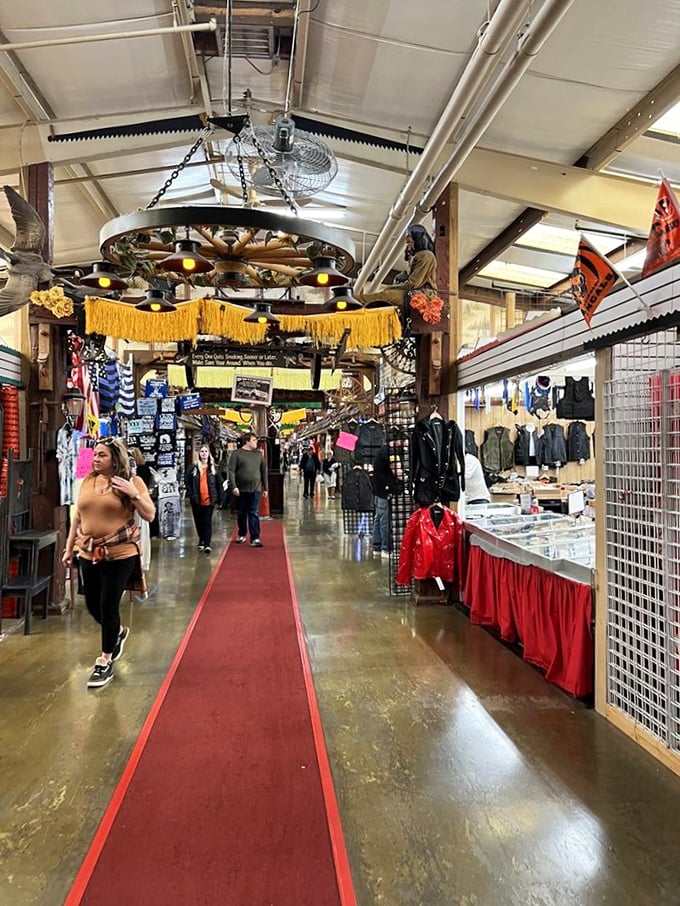 Follow the red carpet to retail therapy! This bustling aisle is a shopper's yellow brick road of endless possibilities.