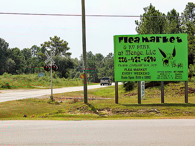 The siren call of savings! This sign is like a Vegas billboard for bargain hunters &ndash; what happens at the flea market stays at the flea market.