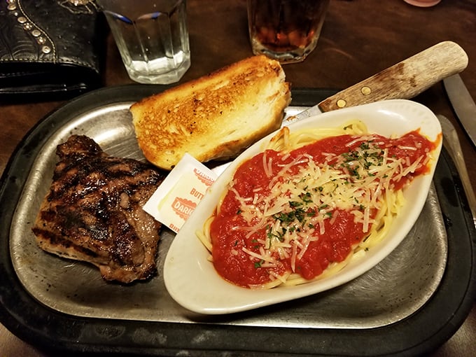 Surf meets turf, Montana-style. This steak and spaghetti combo is the culinary equivalent of a bear riding a horse.