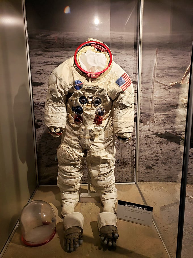 "Forget designer labels, this is the ultimate in high-fashion spacewear!" An authentic Apollo spacesuit stands proudly on display, looking like it's ready for a lunar catwalk.