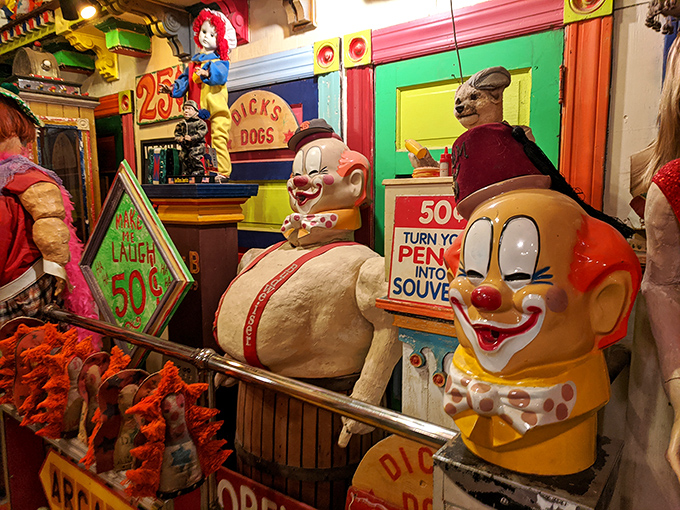 Roll up, roll up! This carnival of clowns and characters is like a fun house mirror reflecting the quirky charm of yesteryear's playtime.