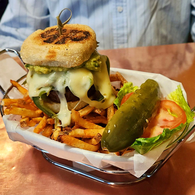 Behold, the burger of your dreams! Nestled on an English muffin, this beauty is ready to rock your world, one juicy bite at a time.