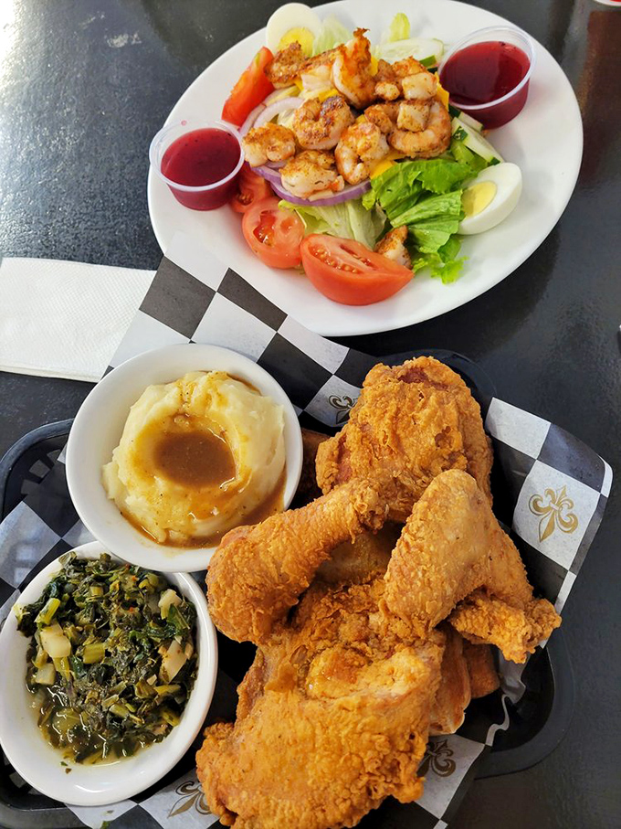A Southern feast fit for royalty! Crispy chicken, creamy sides, and greens - it's like a hug for your taste buds.