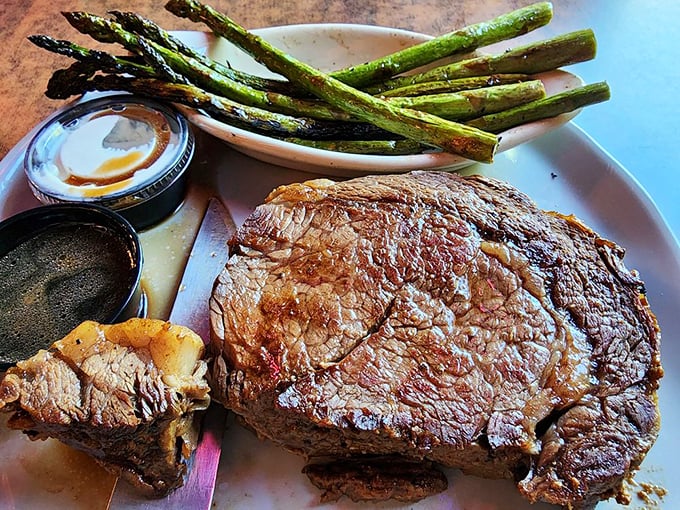 A steak so juicy, you'll need a lifejacket! This hand-cut rib eye is giving "Midwest nice" a whole new meaning.