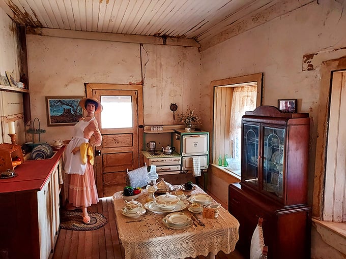 A kitchen frozen in time, complete with a ghostly hostess. She's been waiting 100 years for her soufflé to rise – talk about dedication!