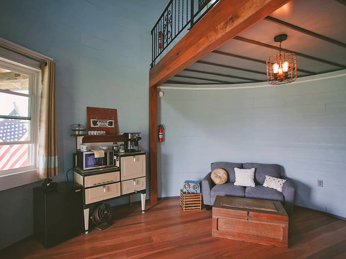 Living room or time machine to a cozier era? With its rustic charm and circular layout, it's the perfect spot for spinning yarns.