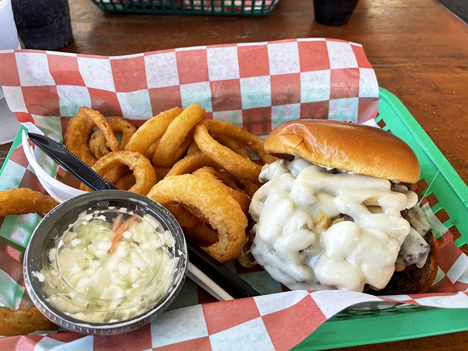 The Mushroom Swiss burger and onion rings: a dynamic duo that puts Batman and Robin to shame. Holy flavor explosion, Batman!