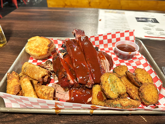 The BBQ sampler platter: Where indecision meets deliciousness. It's like a flavor explosion in your mouth, with a side of "I regret nothing."