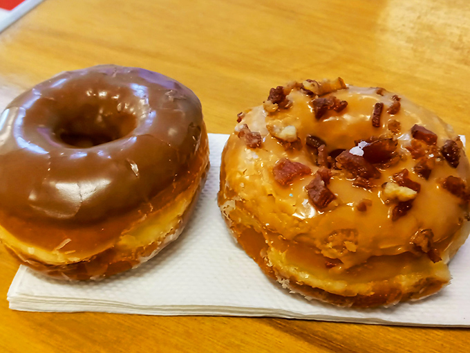 The dynamic duo of donuts! Maple bacon brings salty-sweet harmony, while chocolate offers a classic cocoa embrace.