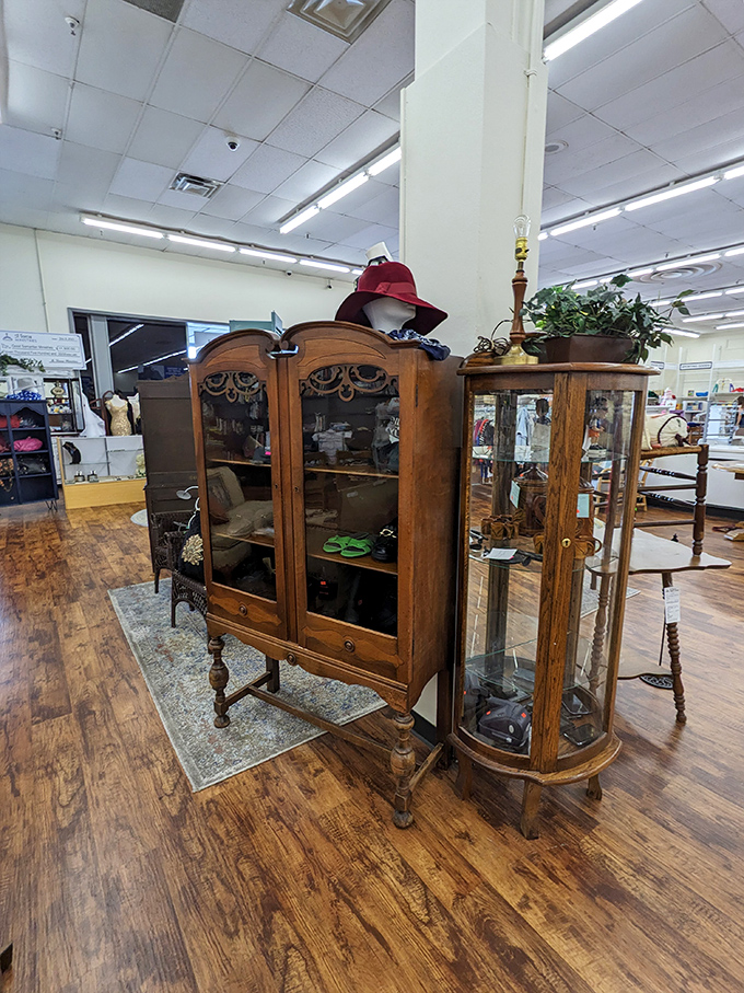 Behold, the brown display cabinet! It's not just furniture; it's a portal to Grandma's living room circa 1975. Complete with mysterious curios and potential family heirlooms.