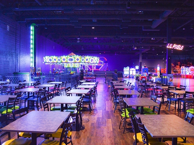 Dine under the glow of a thousand LEDs. It's like eating in a spaceship, but with better pizza and less chance of encountering aliens &ndash; unless you count that guy in the Pac-Man shirt.