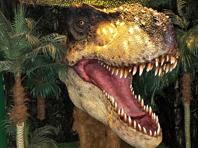 Jurassic spark! This toothy greeter might look fierce, but he's here to bite into your curiosity, not your arm. Time to dig into some dino-mite fun!
