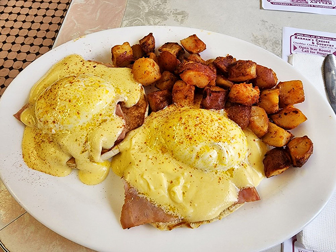 Eggs Benedict, the diva of breakfast dishes. These golden beauties are ready for their close-up – and your fork.