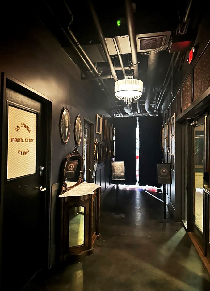 Shhh... we're hunting for cocktails. This dimly lit hallway feels like the backstage pass to a Prohibition-era rock concert.