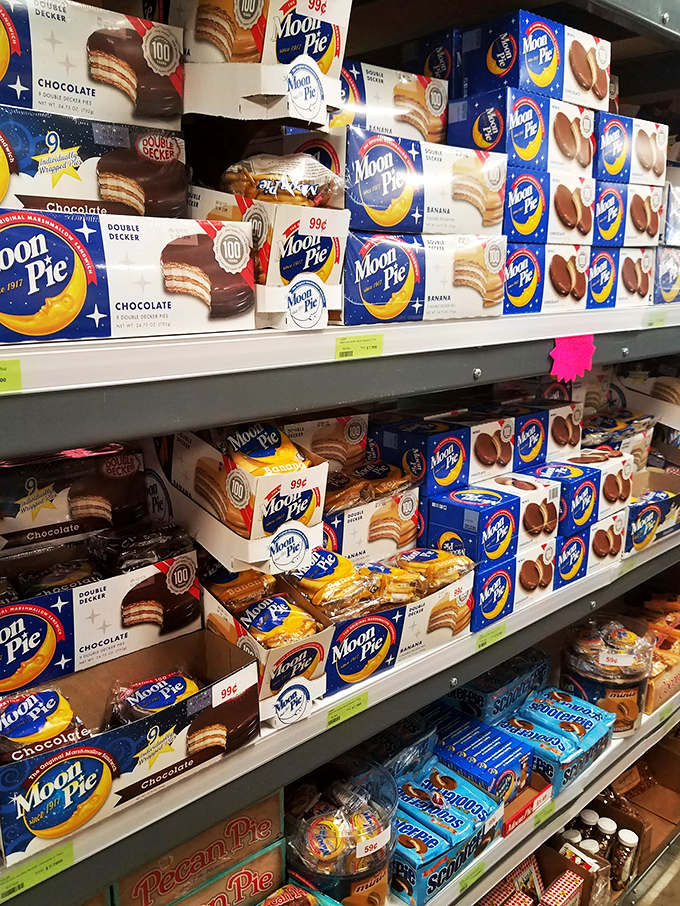 Moon Pies galore! These nostalgic treats are like time machines wrapped in marshmallow and chocolate. One bite, and you're back in simpler times.