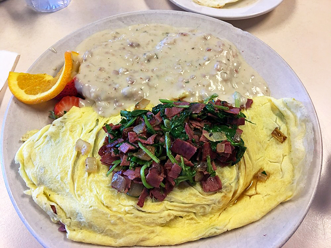 Talk about a dynamic duo! This omelet and biscuits & gravy combo is like Batman and Robin, but tastier.