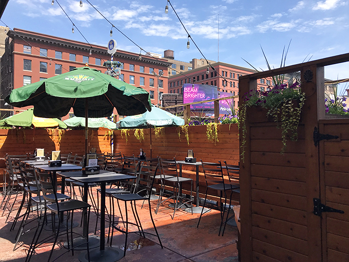 Sunshine, cold brews, and urban views. Gluek's outdoor seating area is like a European vacation, minus the jet lag and passport stamps.