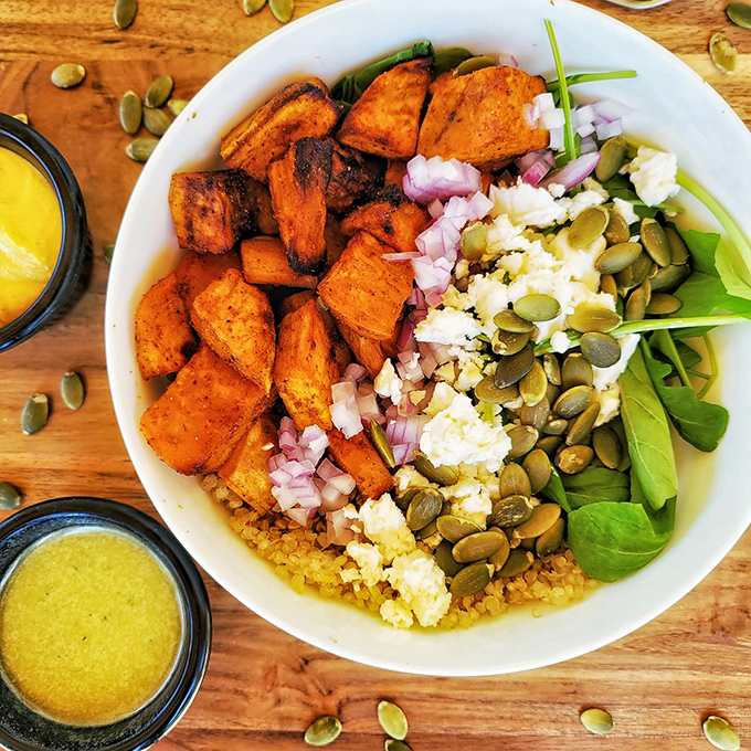 A bowl so colorful, it could double as modern art! This quinoa creation is like a edible paint palette of nutrition and flavor.