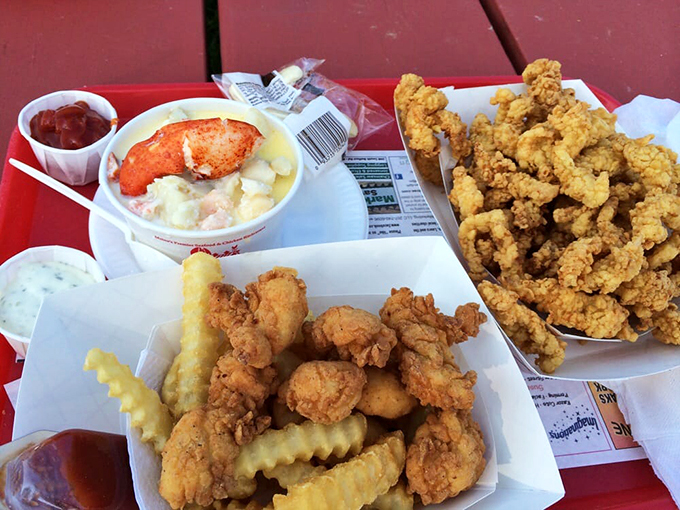 Davy Jones' locker never looked so appetizing. This seafood basket is a treasure chest of crispy, golden delights.