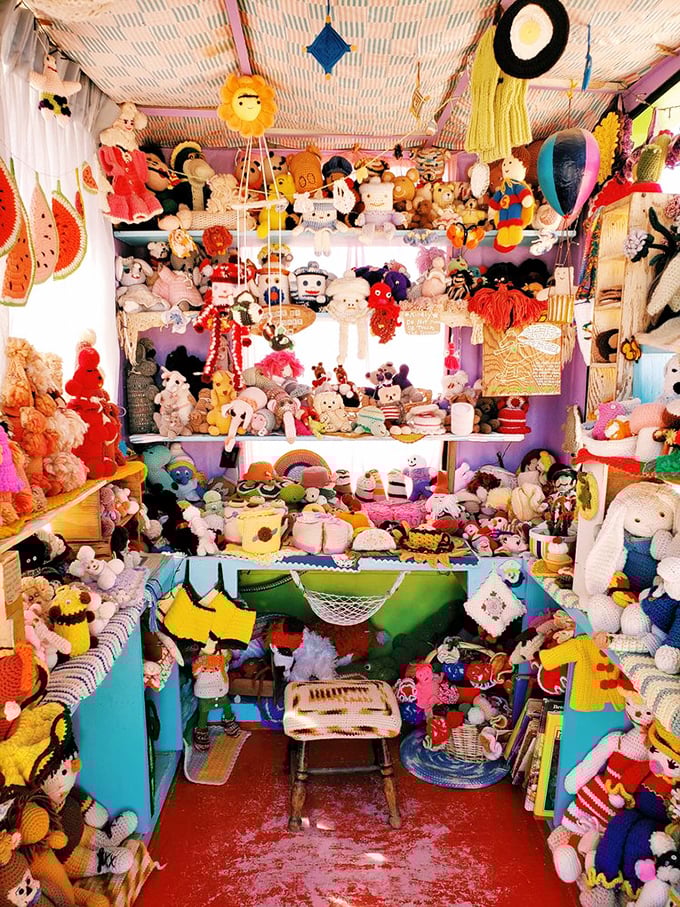 Shelf-ish behavior encouraged! Every nook and cranny is stuffed with woolly wonders, creating a 'Where's Waldo?' of the crochet world.