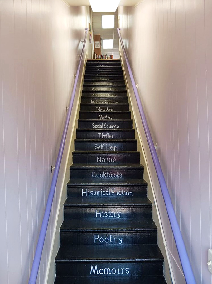Stairway to reader's heaven! Each step is a genre, leading you on a ascent through the literary world. Watch out for that mystery step &ndash; it's a real thriller!