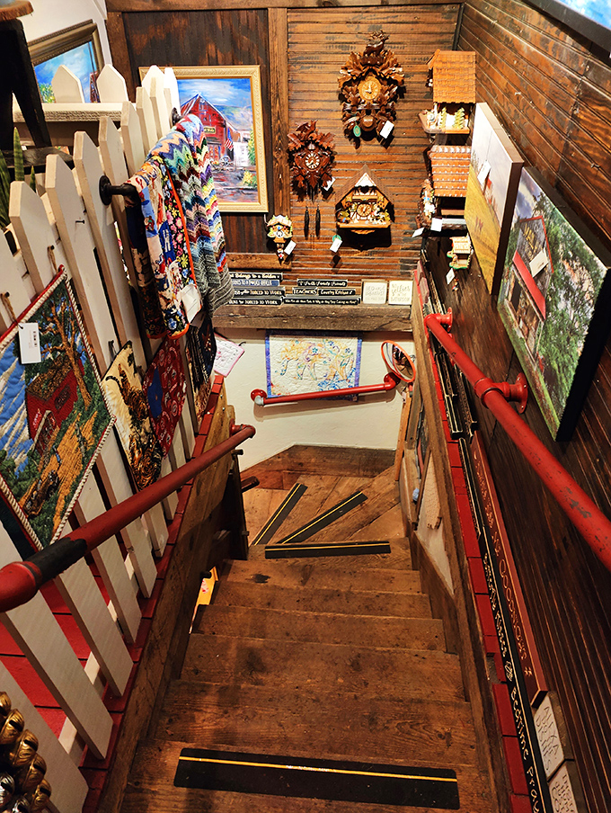 Stairway to tchotchke heaven! This wooden ascent promises more wonders above, like a real-life version of that magical wardrobe from Narnia.