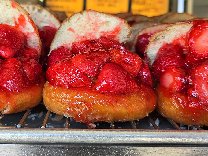 Strawberry fields forever? More like strawberry donuts forever! These beauties are so stuffed with fruit, they're practically a health food. At least that's what we're telling ourselves.