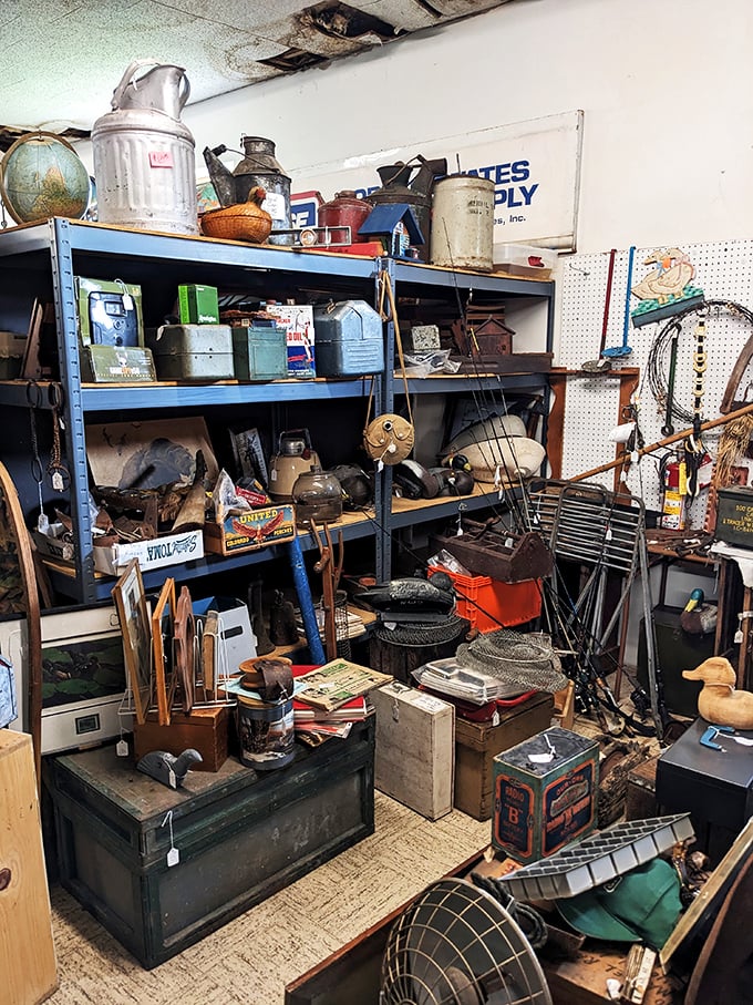 Calling all urban archaeologists! This shelf is a dig site of vintage Americana, where coffee tins and oil cans are the new ancient pottery.