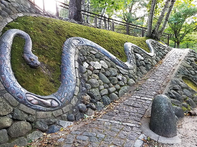 Slither me timbers! This stone serpent at Caponi Art Park is part Indiana Jones, part modern art. Watch your step, it might be ticklish!