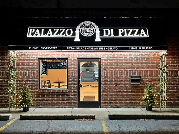 Palazzo di Pizza: Where every slice is royalty! This nighttime shot makes the restaurant glow like a beacon of cheesy hope.