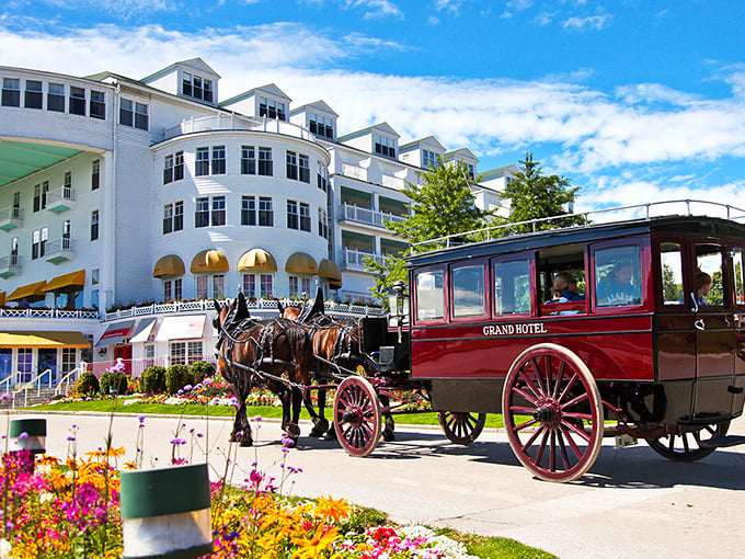 The Grand Hotel: where time stands still, and the porch never ends. It's a slice of Victorian elegance on Mackinac Island.