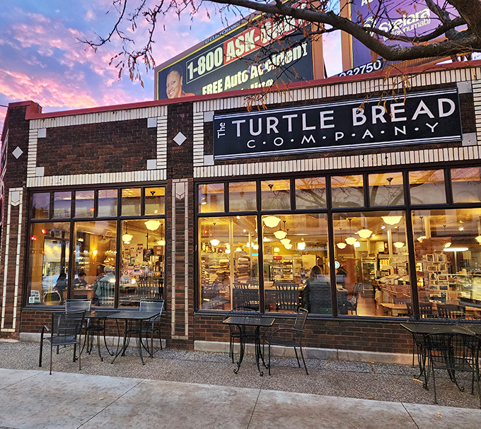 Turtle Bread's cozy evening glow: As twilight falls, Turtle Bread beckons with warm light and the promise of crusty perfection.