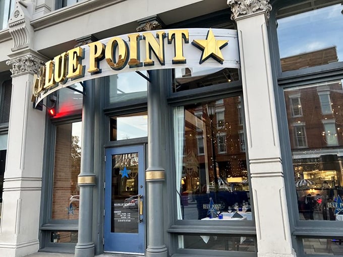 Classy meets brassy at Blue Point Grille. Those blue-tinted windows offer a tantalizing glimpse of seafood paradise within.