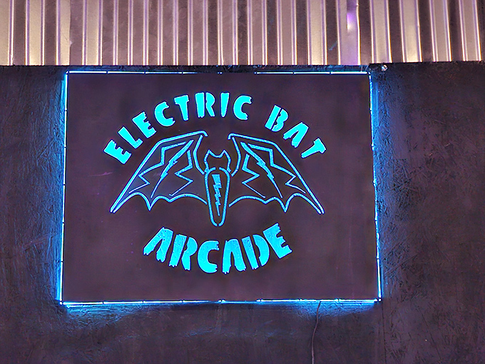 Zany and bright, Electric Bat's exterior is a comic book come to life. It's where Gotham meets Pac-Man in a technicolor showdown.