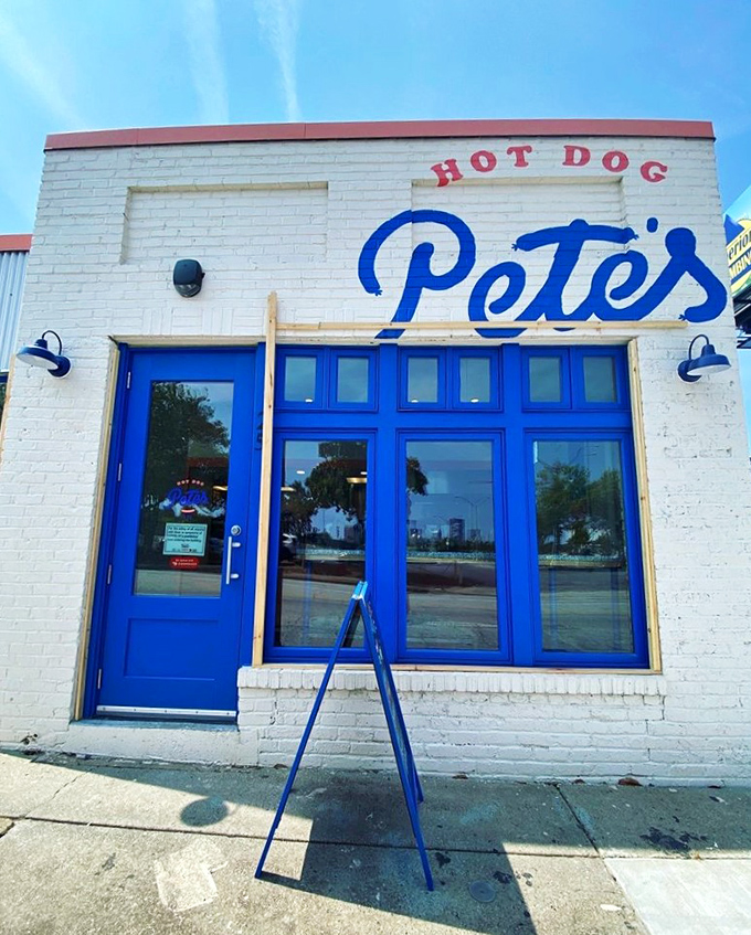 Blue doors to hot dog heaven! Pete's sleek exterior hints at the gourmet twists waiting inside this modern take on a timeless favorite.