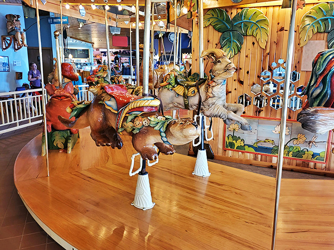 Giddy up on the carousel of dreams! Lark Toys' hand-carved merry-go-round is a work of art that'll make your inner child gallop with joy.