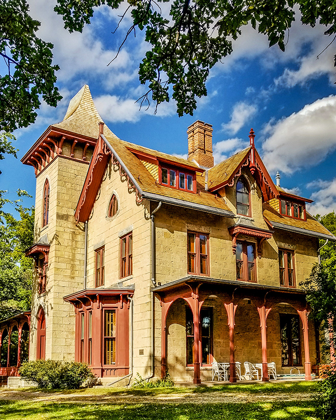 "Sunshine and shadows!" The LeDuc Estate's sunny yellow exterior plays peekaboo through the trees. Hide and seek, anyone?