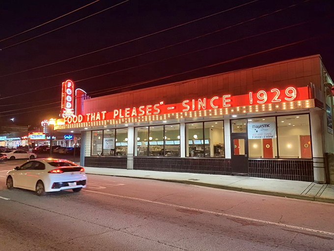 Neon dreams and comfort food schemes! Majestic Diner shines bright, beckoning hungry night owls with 24/7 delights.