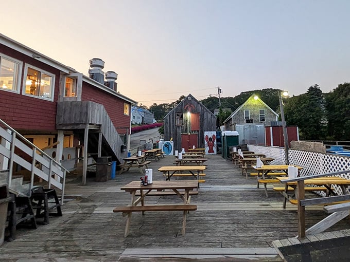 The evening light bathes Shaw's wooden deck in golden hues, transforming a simple seafood meal into coastal magic.