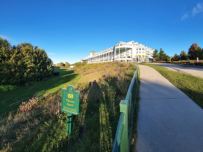 Horse-drawn carriages and no-pants-after-6pm rules? The Grand Hotel is keeping it classy, one rocking chair at a time.