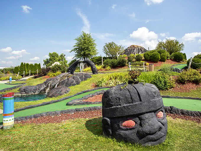 Jurassic Park meets Caddyshack at Volcano Falls. Just don't tell the dinos that golf balls aren't eggs!