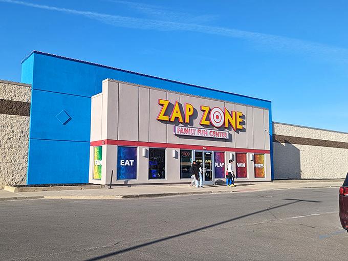 Family fun central! Zap Zone's vibrant exterior hints at the laser-filled, go-kart racing, bumper-car bumping extravaganza inside.