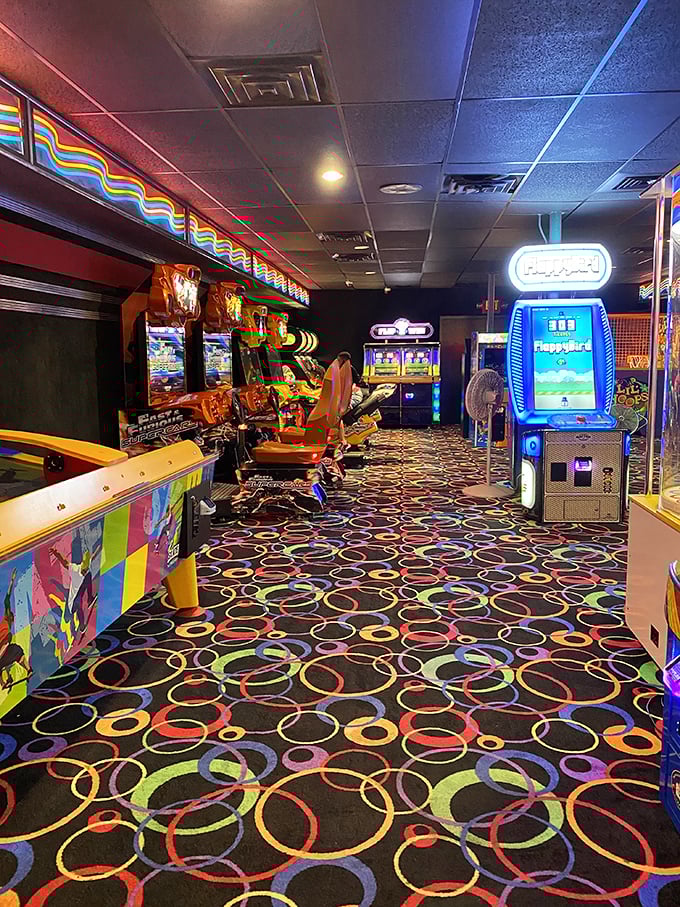 "Step into a neon wonderland where Pac-Man meets poltergeists! This arcade is brighter than a mad scientist's lightbulb moment."