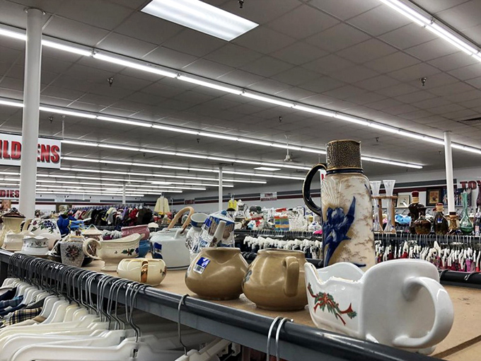 Kitchen gadgets galore! From mysterious utensils to vintage Pyrex, this aisle is like a cooking show where Julia Child meets "The Jetsons."