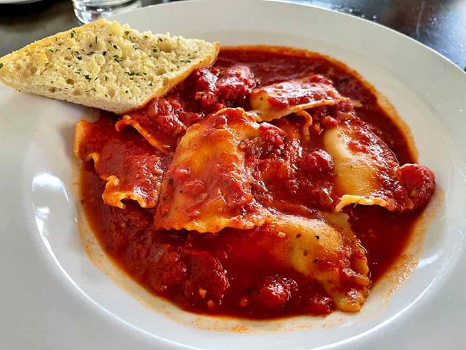 Lobster ravioli swimming in a sea of marinara. It's like The Little Mermaid grew up and became a gourmet chef!