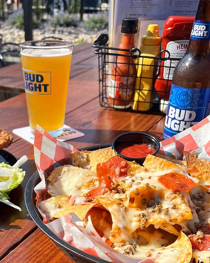 The dynamic duo: nachos and beer. It's like Batman and Robin, but with more cheese and hops. Holy flavor explosion, Batman!