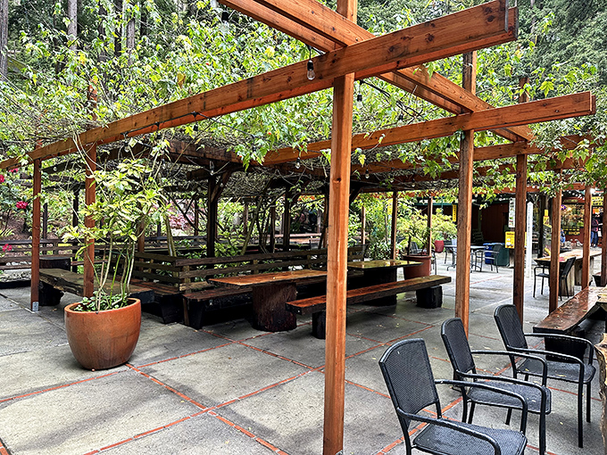 Take a breather from bending reality. These picnic tables offer a moment of normalcy in a topsy-turvy world.
