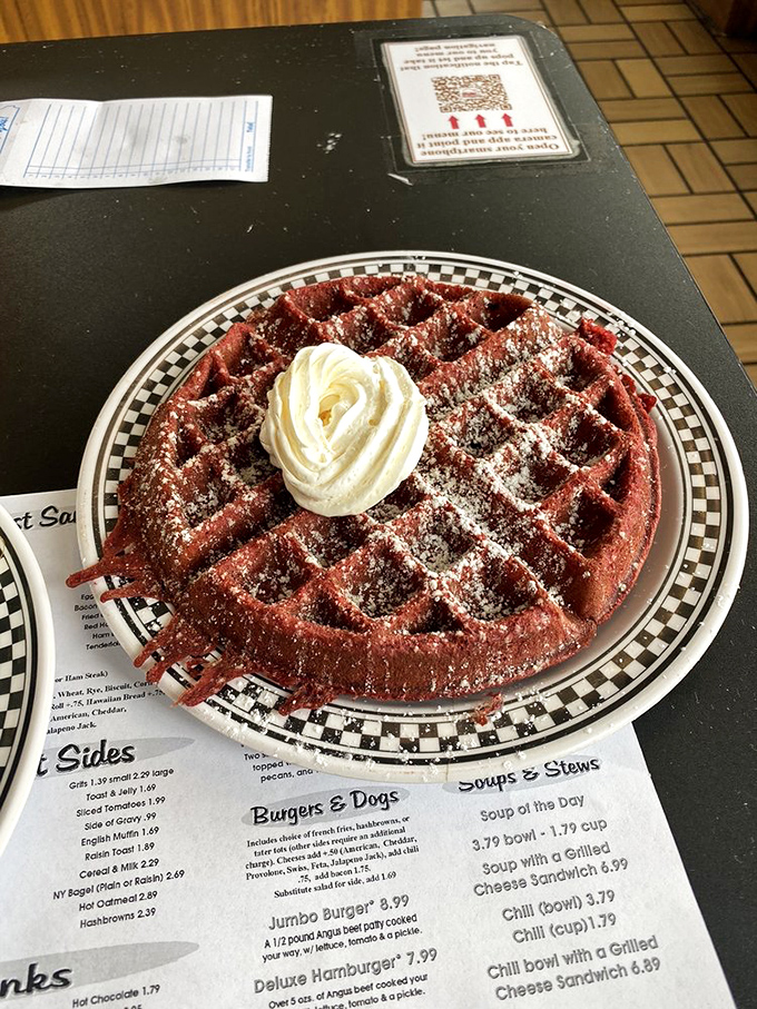 Red velvet waffle: Because sometimes breakfast needs to dress up and go dancing on your taste buds.