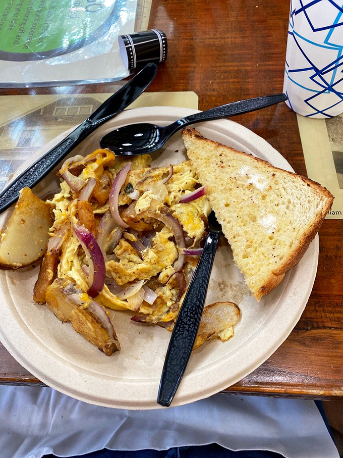Skillet Scramble: A breakfast rebellion where eggs, veggies, and potatoes unite in a cast-iron coup d'&eacute;tat. Vive la breakfast r&eacute;volution!